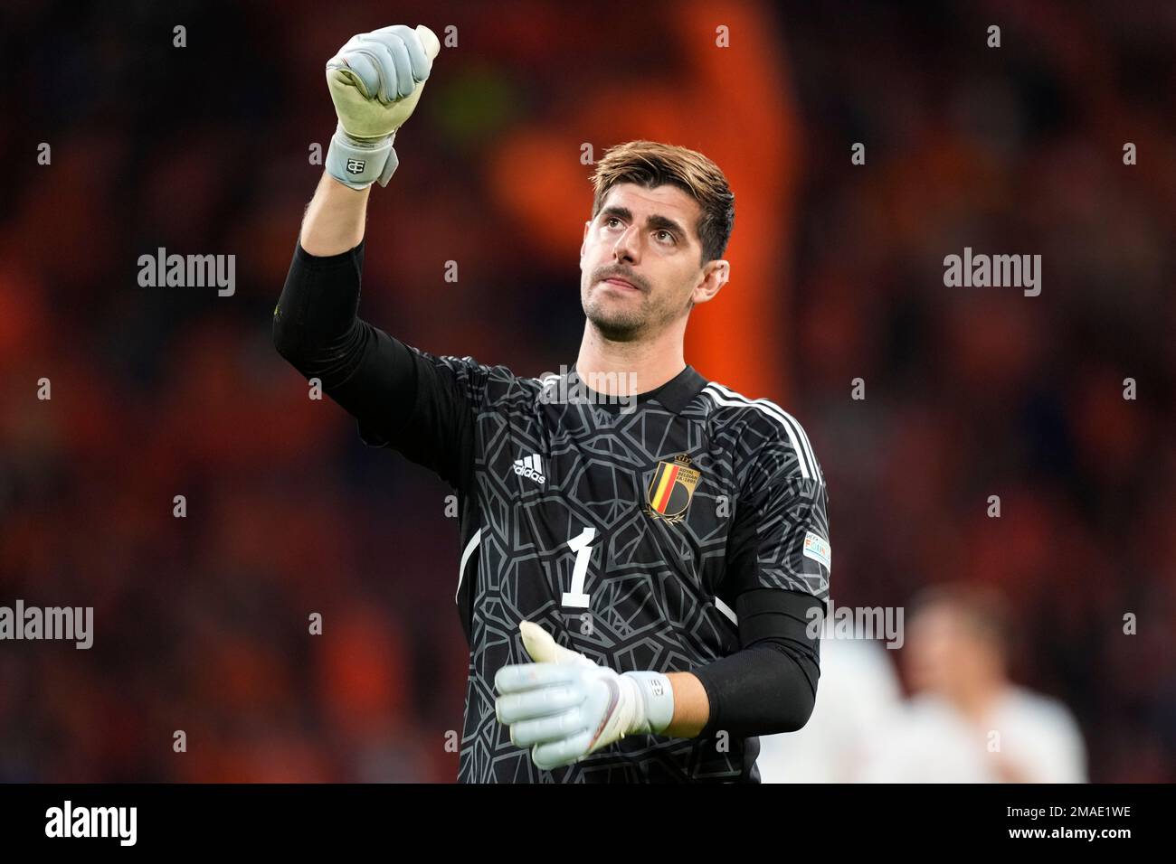 Belgium's goalkeeper Thibaut Curtois greets spectators after the UEFA ...