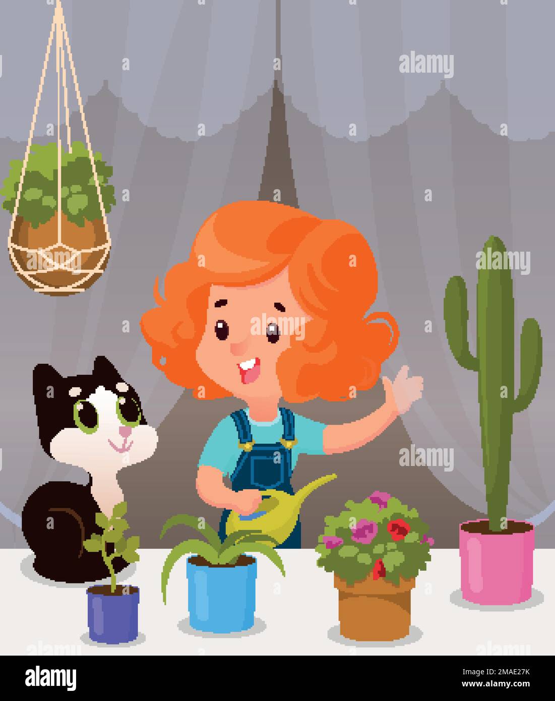 Girl kid and cat care for home plants, Cartoon vector illustration ...