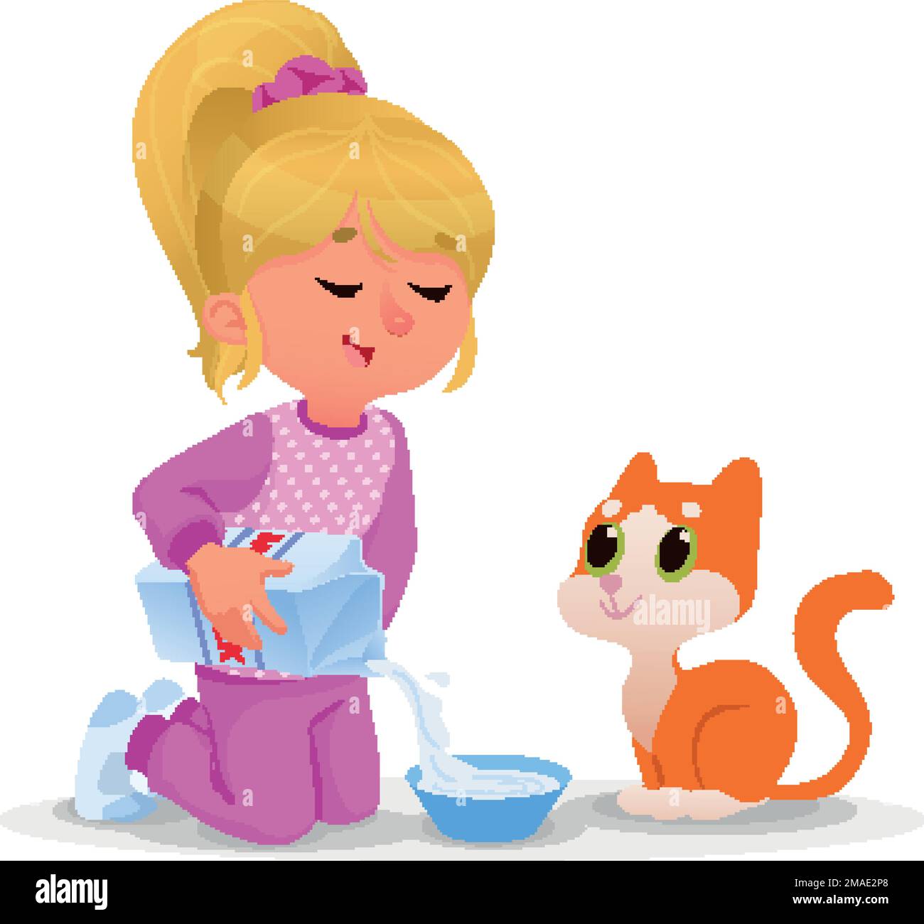 Kid feeding her pet milk. Vector illustration isolated on white ...