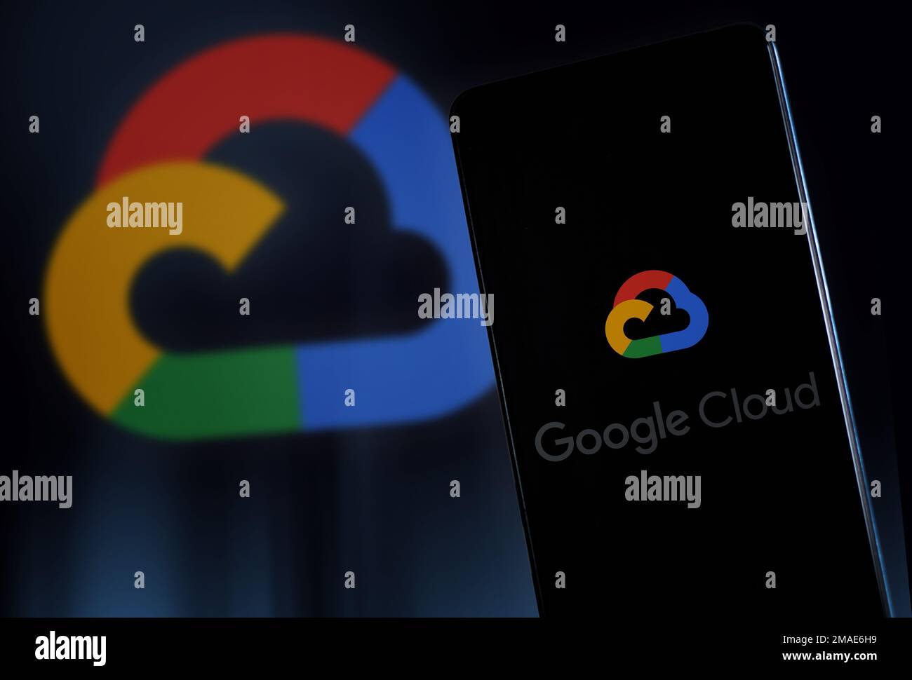 Google Cloud Platform logo on smartphone display and background. Milan Italy January 2023 Stock ...