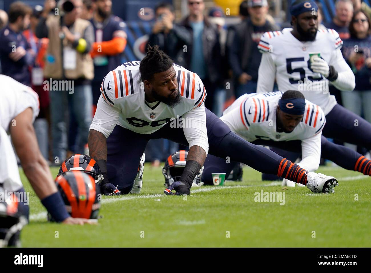 Chicago Bears linebacker Trevis Gipson stretches before an NFL football game Sunday, Sept. 25 ...