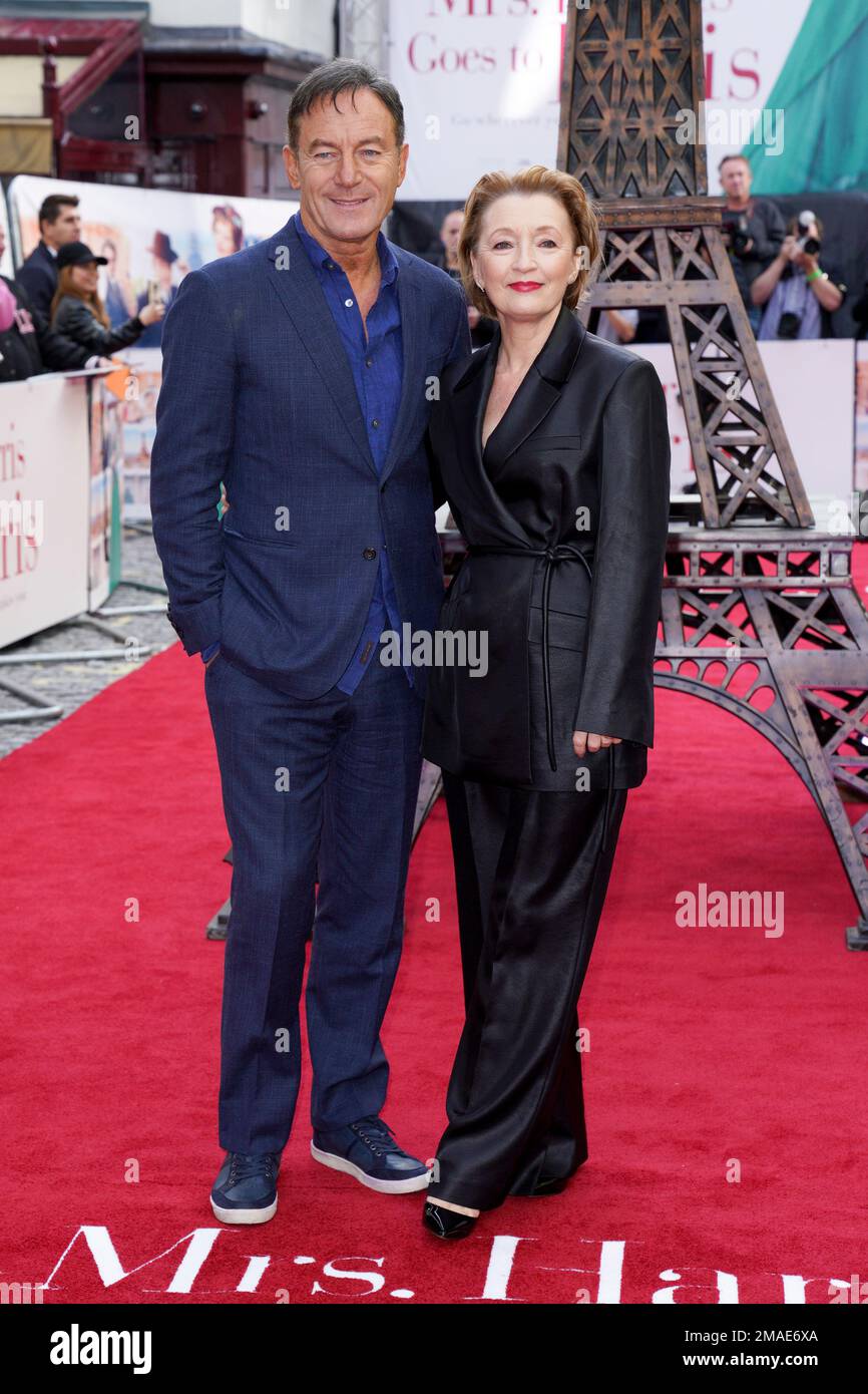 Jason Isaacs, left, and Lesley Manville pose for photographers upon ...