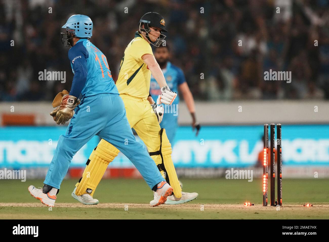 Australia's Steven Smith, right, reacts after he is stumped by India's ...