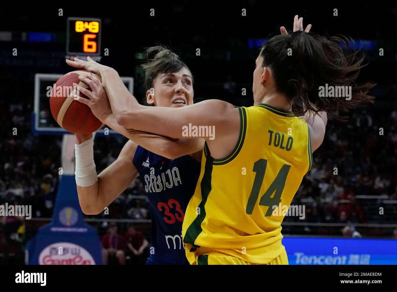 Serbia's Tina Krajisnik attempts a shot on goal as Australia's Marianna ...