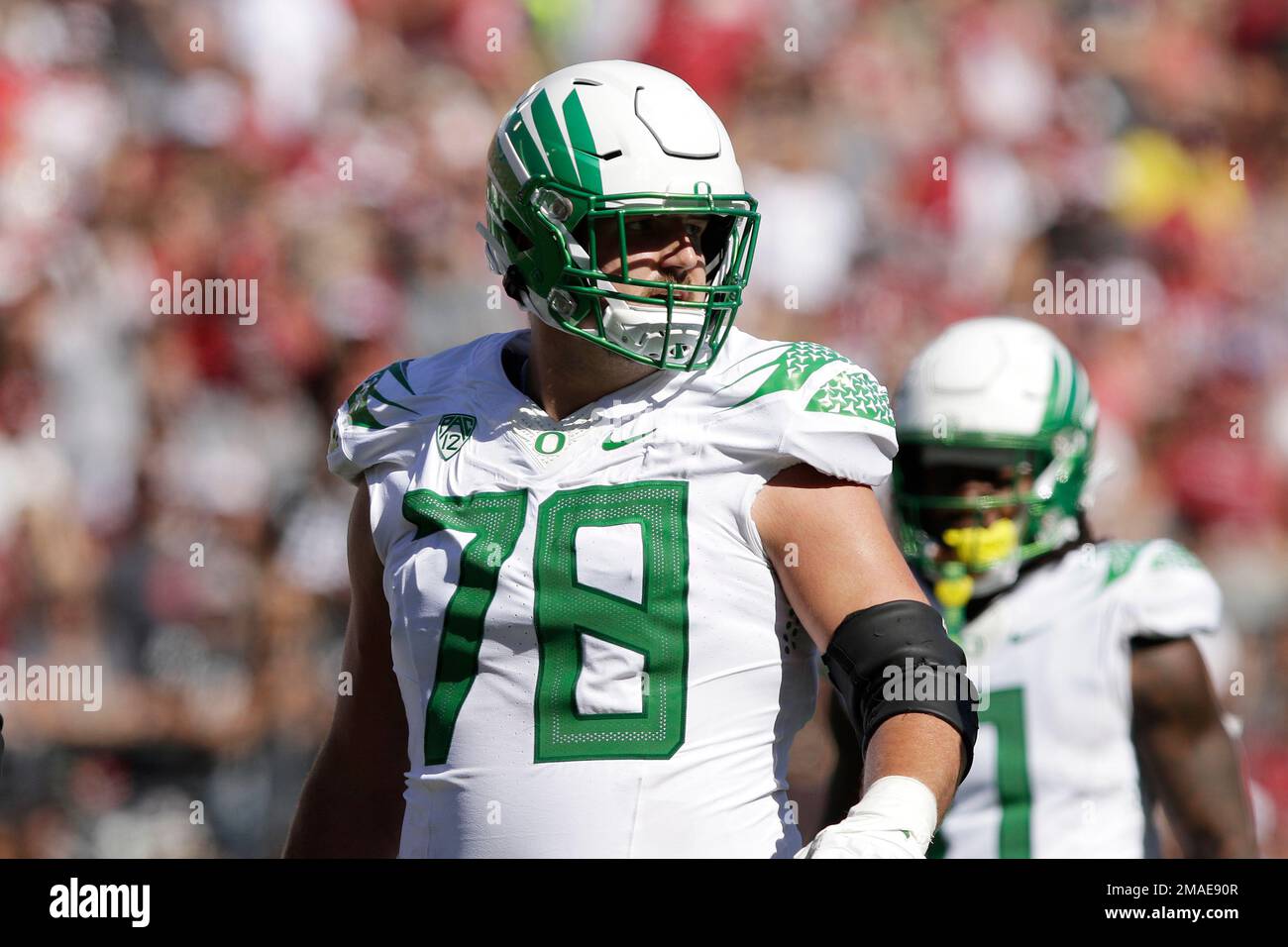 Oregon offensive lineman Alex Forsyth stands on the field during the ...