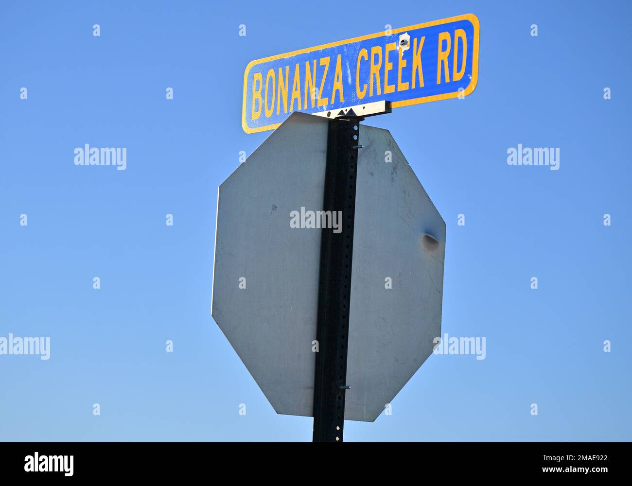 A “BONANZA CREEK RD” street sign is displayed at the road leading to ...