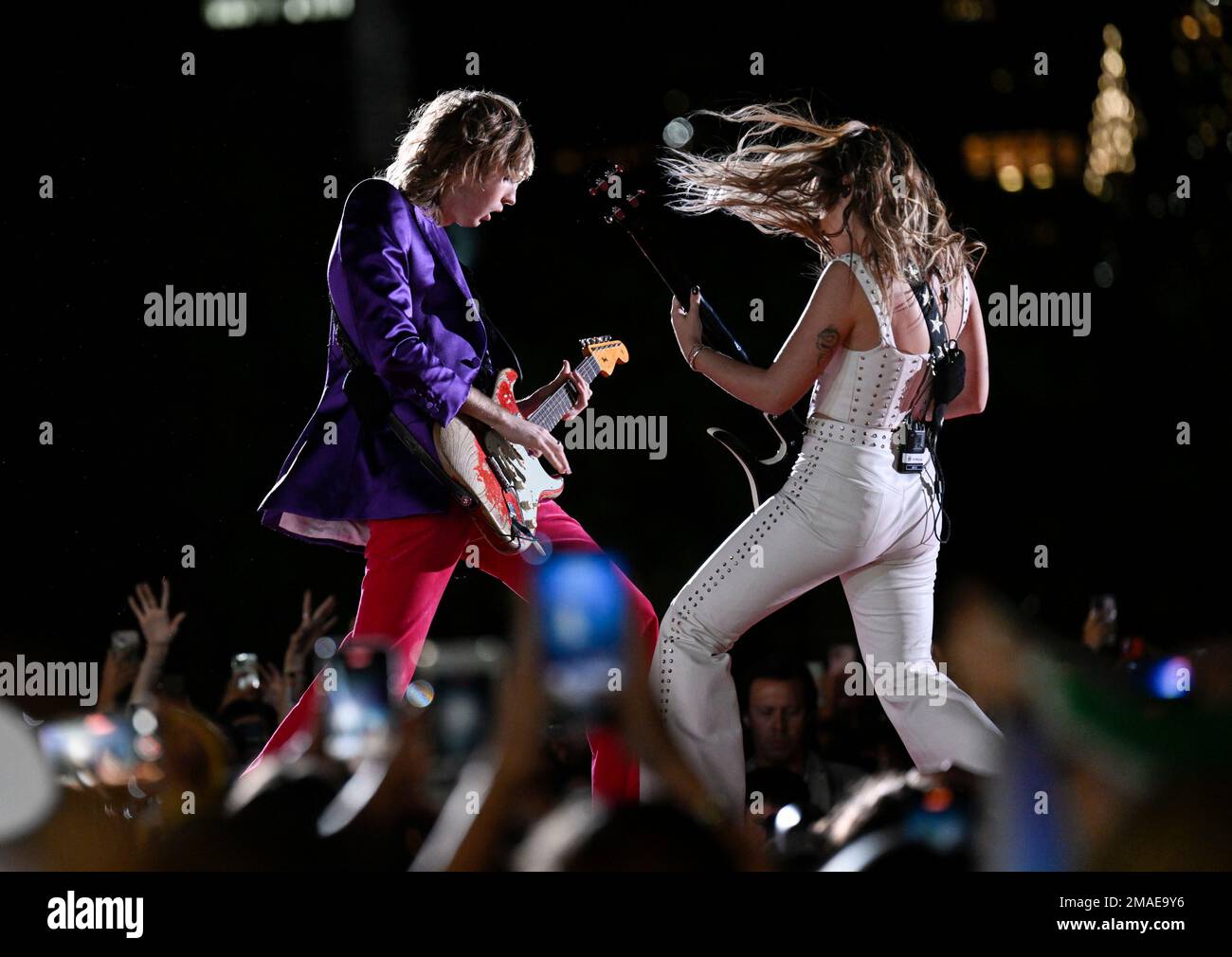 Thomas Raggi, left, and Victoria De Angelis of Måneskin perform during ...
