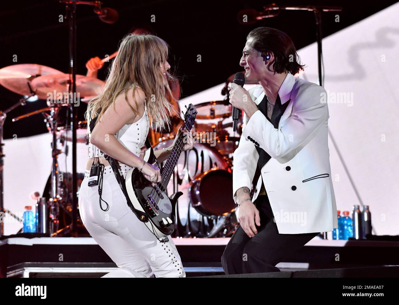 Victoria De Angelis, left, and Damiano David of Måneskin perform during ...