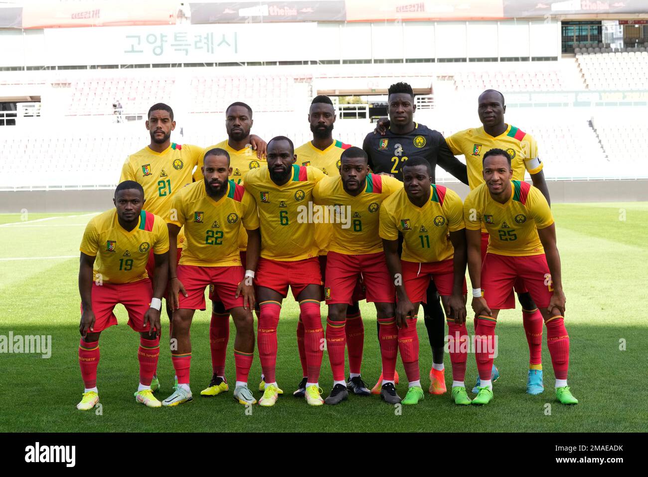 Cameroon national soccer players pose before a friendly soccer match ...