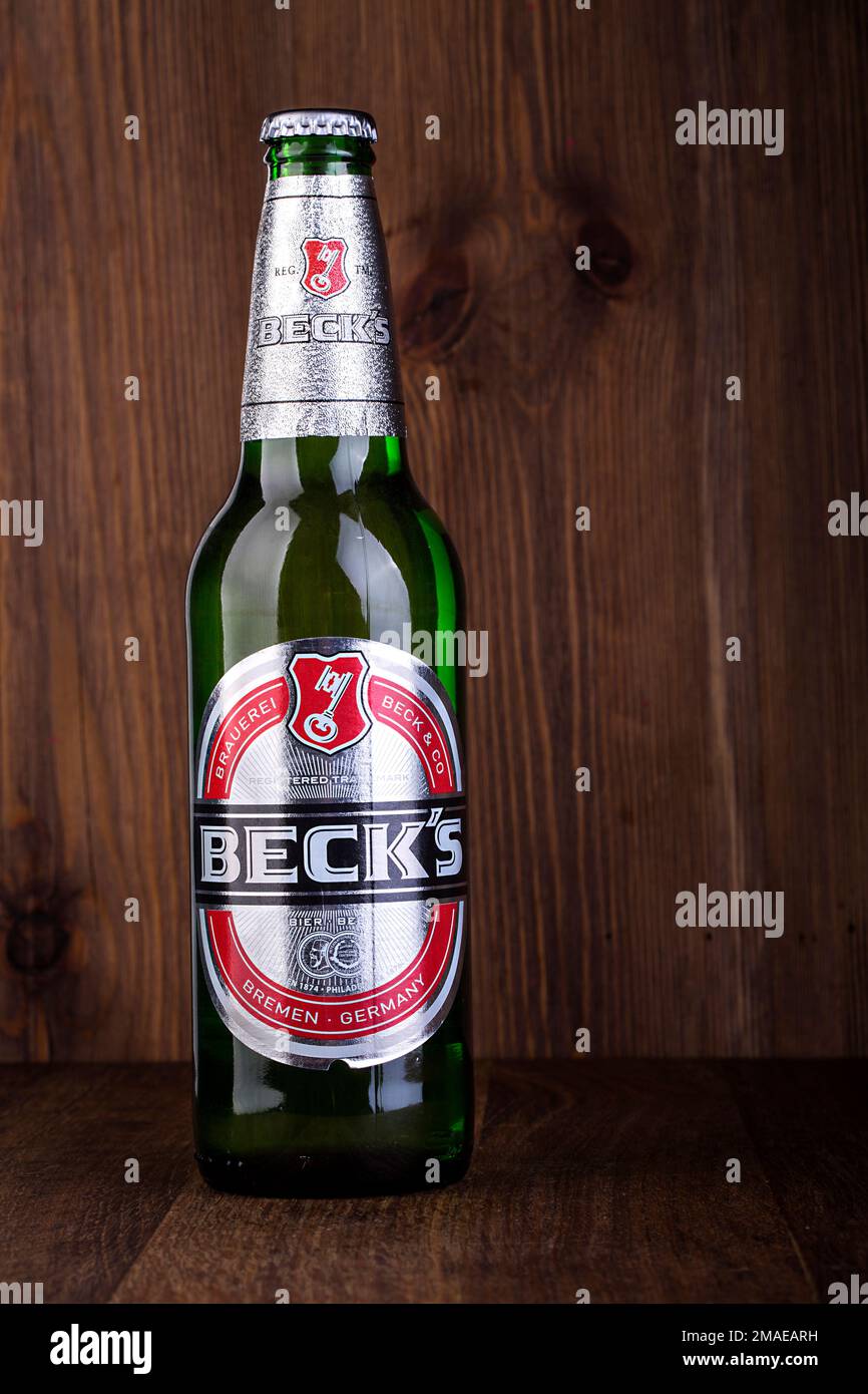 CHISINAU, MOLDOVA - February 05, 2016. Becks beer isolated on white ...