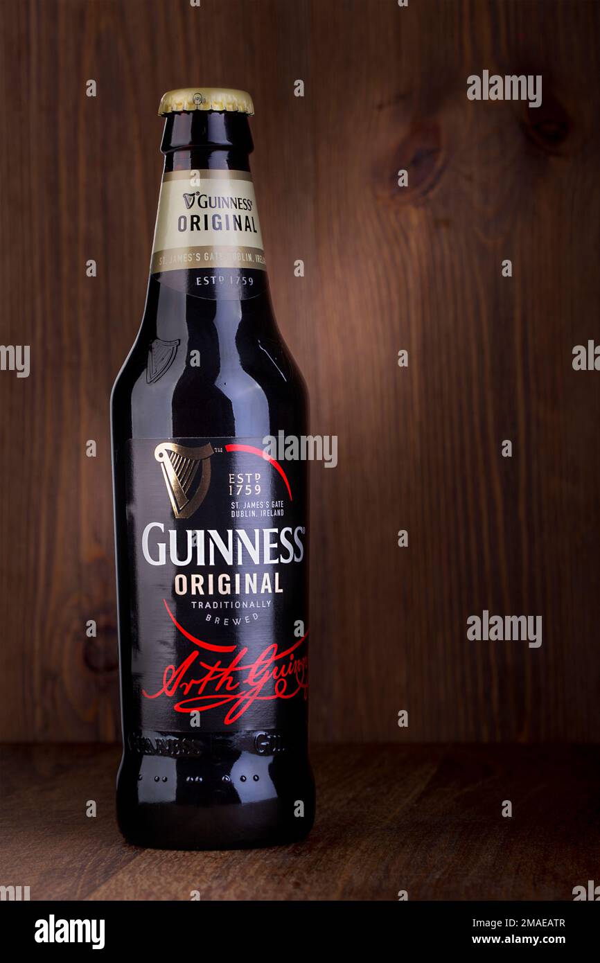 CHISINAU, MPLDOVA - Ferbruary 05, 2016: A bottle of Guinness beer on a ...