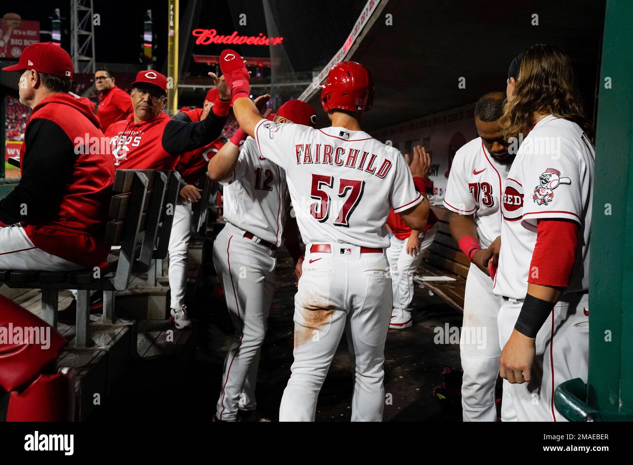 Cincinnati Reds' Stuart Fairchild (57) celebrates with teammates after ...