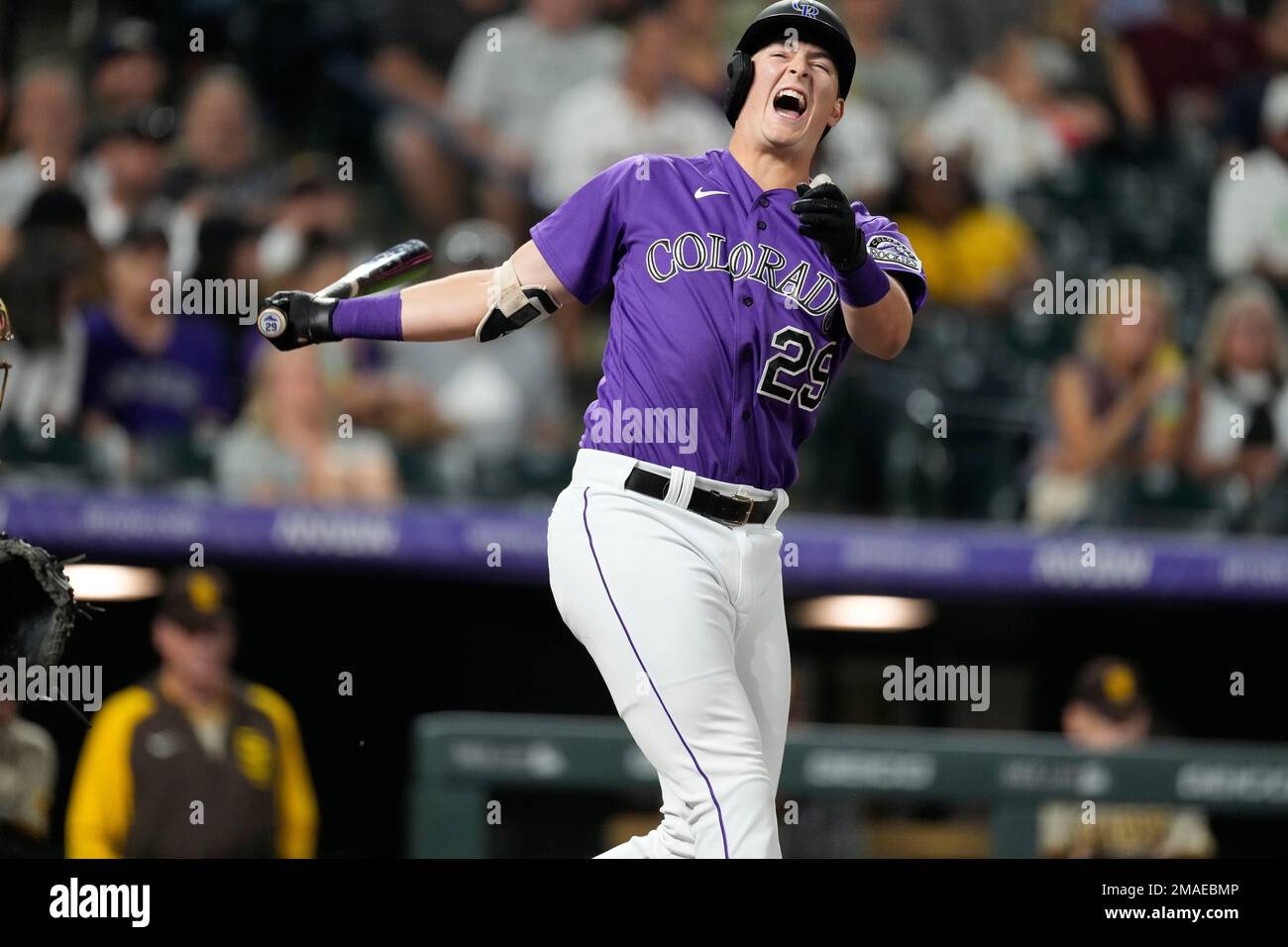 Colorado Rockies' Michael Toglia reacts after striking out against San ...