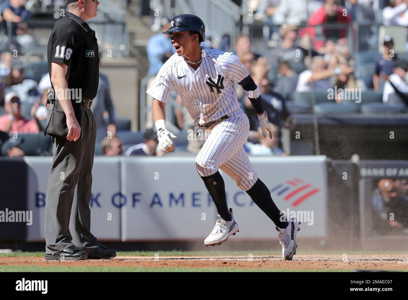 New York Yankees' Oswaldo Cabrera reacts after sliding safely into home ...