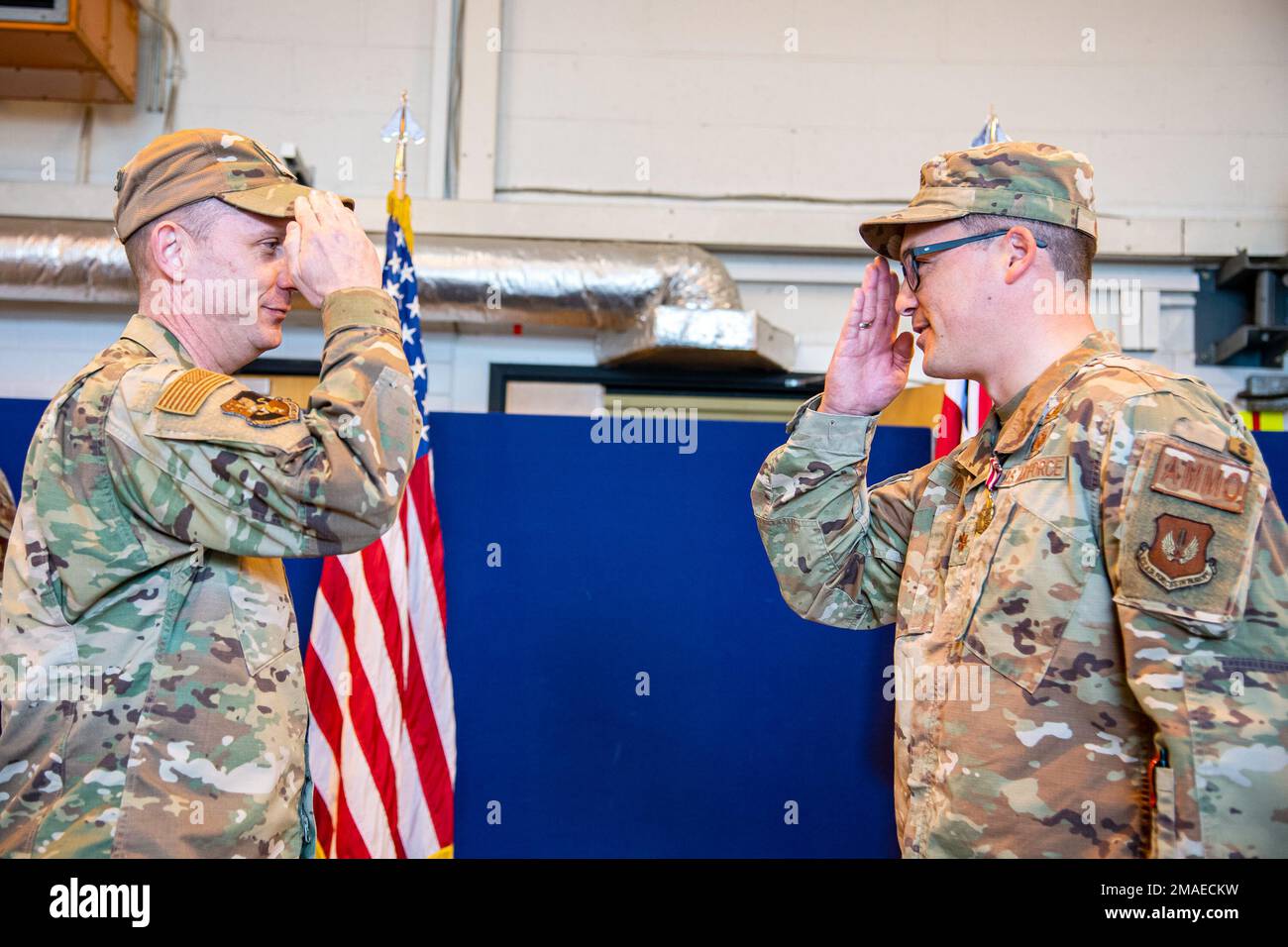 U.S. Air Force Maj. Christopher Wood, right, 420th Munitions Squadron outgoing commander ...