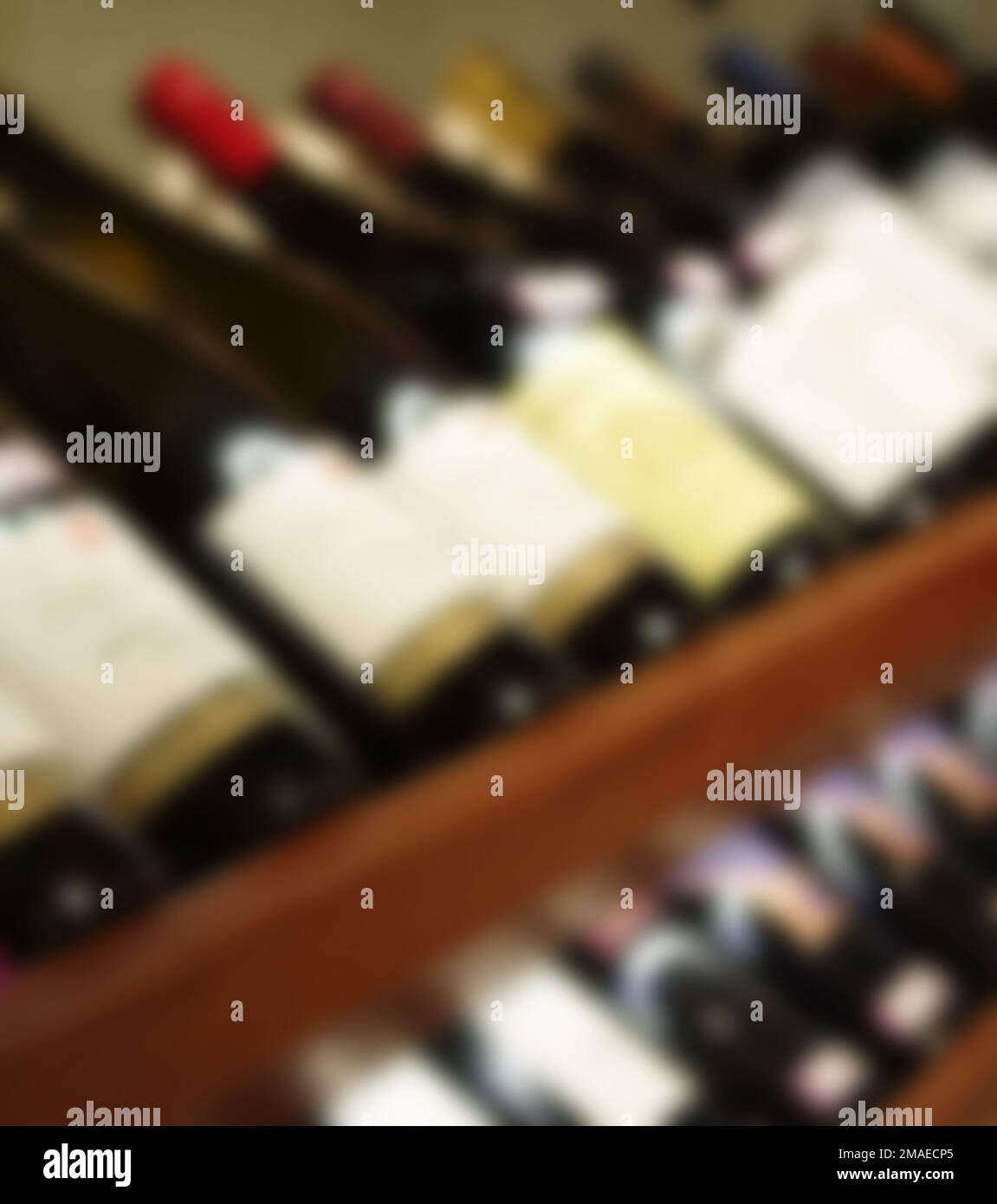 Blurred wine rack champagne bottles lying on wooden shelves Stock Photo ...