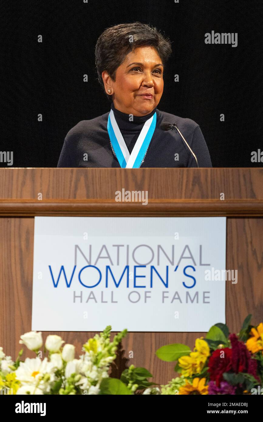 Indra Nooyi, former chairman and CEO of PepsiCo, speaks after being ...