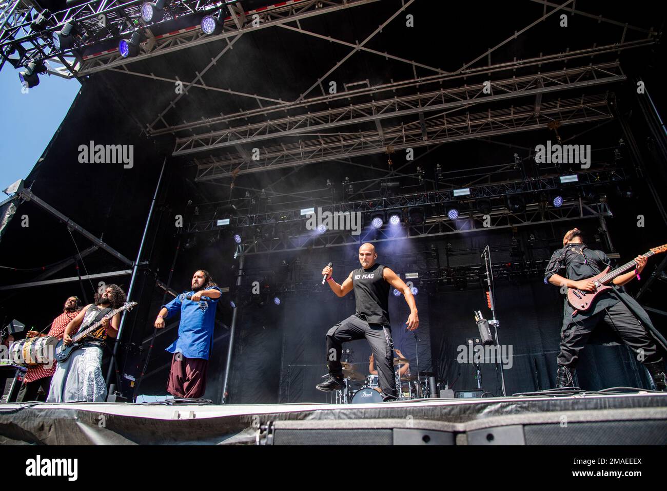Roshan Roy, left, Jayant Bhadula, Raoul Kerr, and Karan Katiyar of Bloodywood perform at the ...
