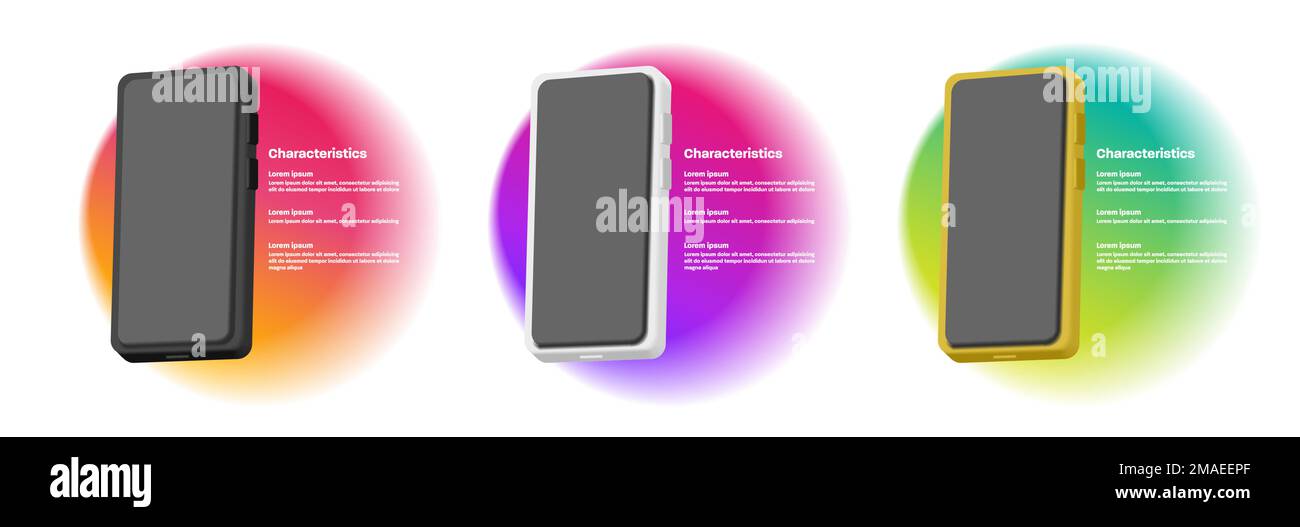3d smartphone mockup, phone illustration in different colors on round ...