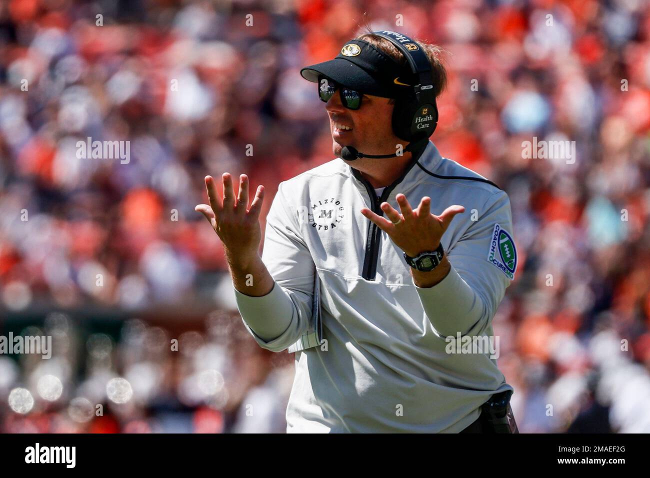 Missouri head coach Eliah Drinkwitz reacts during the first half of an ...