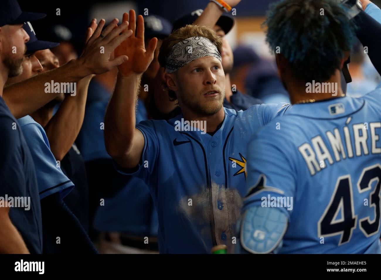 Tampa Bay Rays' Taylor Walls reacts in the dugout during a baseball ...