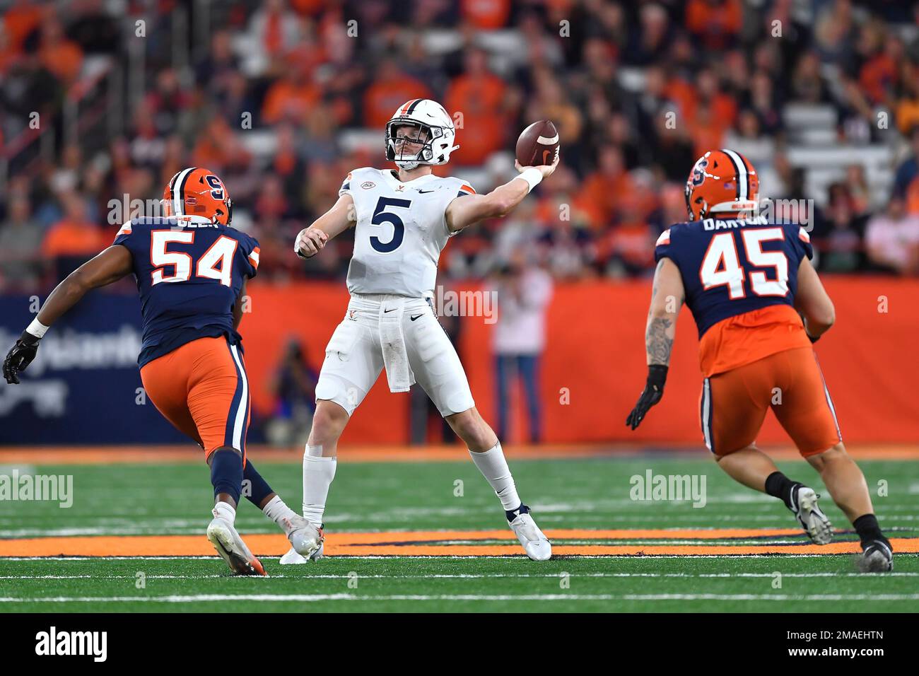 Virginia quarterback Brennan Armstrong (5) throws a pass while ...