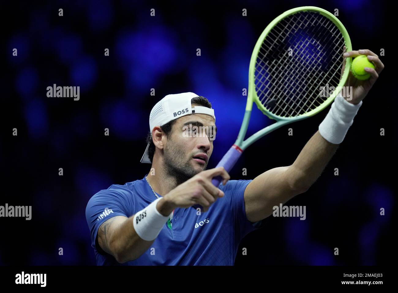 Team Europe's Matteo Berrettini, of Italy, serves to Team World's Felix ... Team Europe's Matteo Berrettini, of Italy, serves to Team World's Felix ...