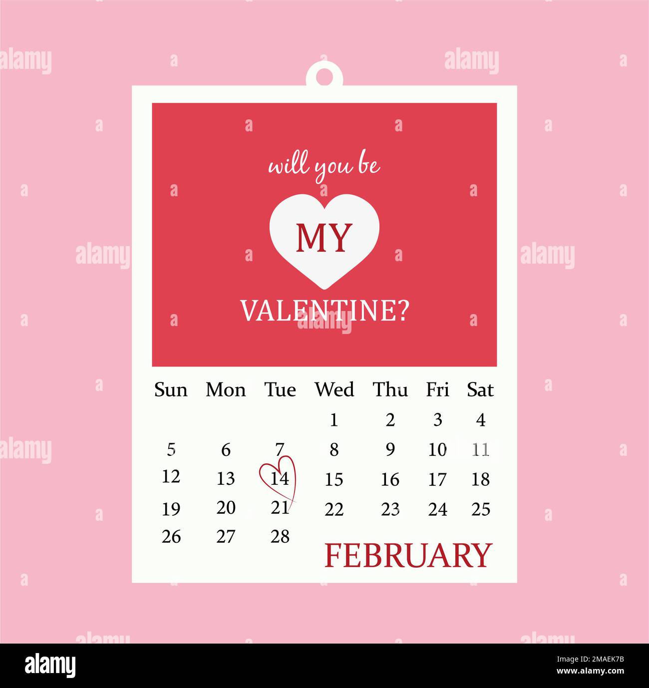 Valentine's Day on February fourteenth calendar highlighted square. Big ...