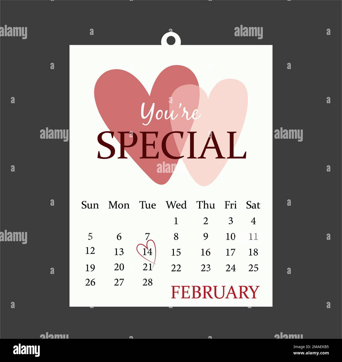 Valentine's Day on February fourteenth calendar highlighted square. Big ...