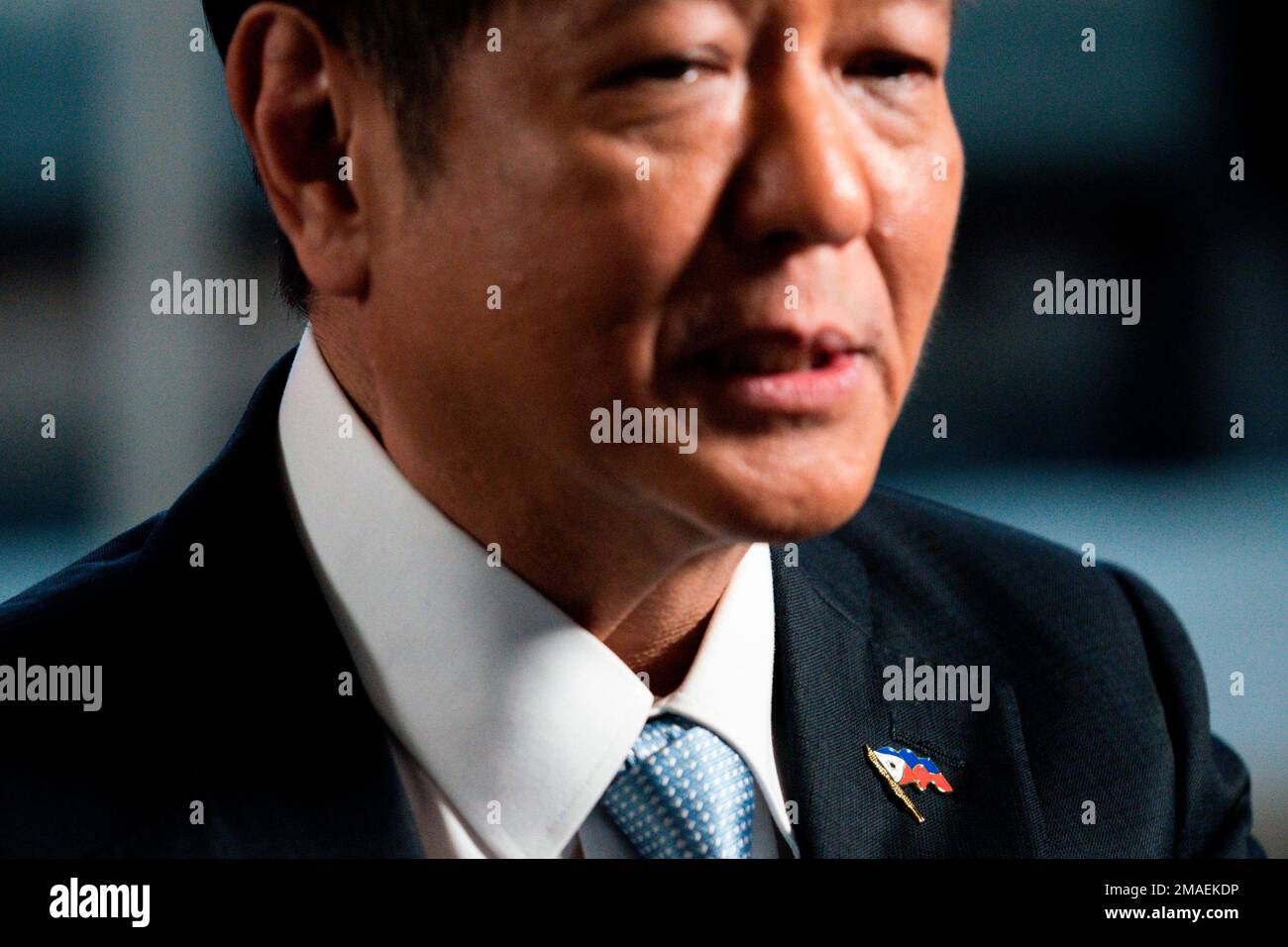 Philippine President Ferdinand Marcos Jr. speaks during an interview ...