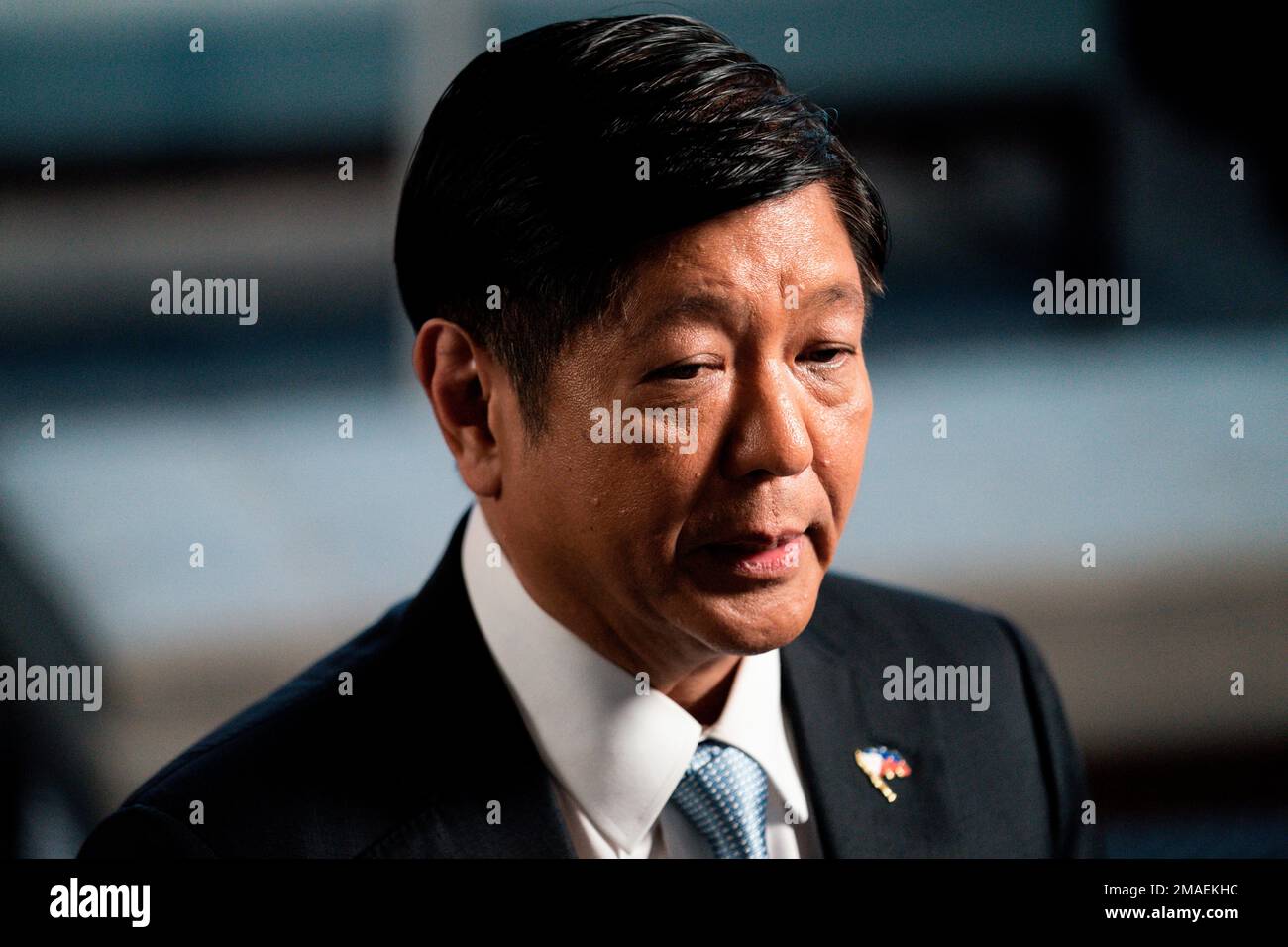 Philippine President Ferdinand Marcos Jr. speaks during an interview ...