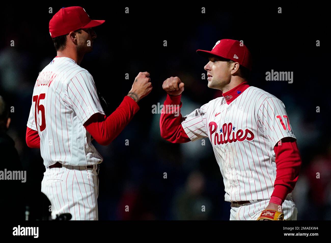 Philadelphia Phillies pitcher Connor Brogdon, left, and first baseman ...