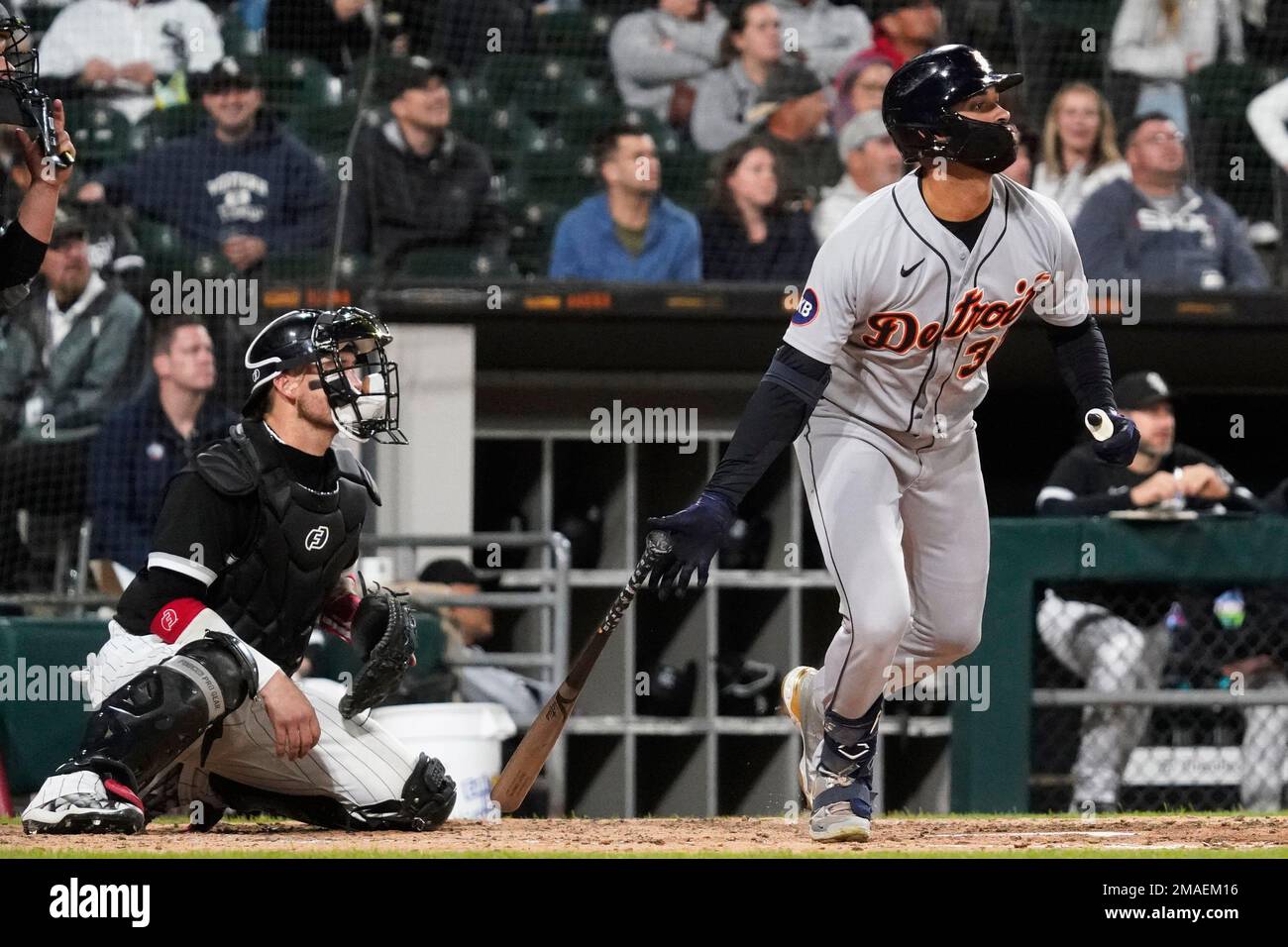 Detroit Tigers' Riley Greene watches his sacrifice fly to Chicago White ...