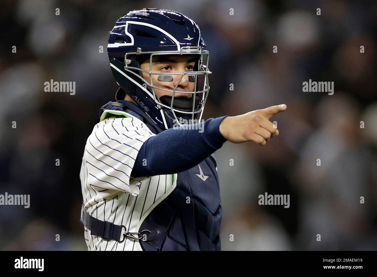New York Yankees catcher Jose Trevino reacts after a baseball game ...