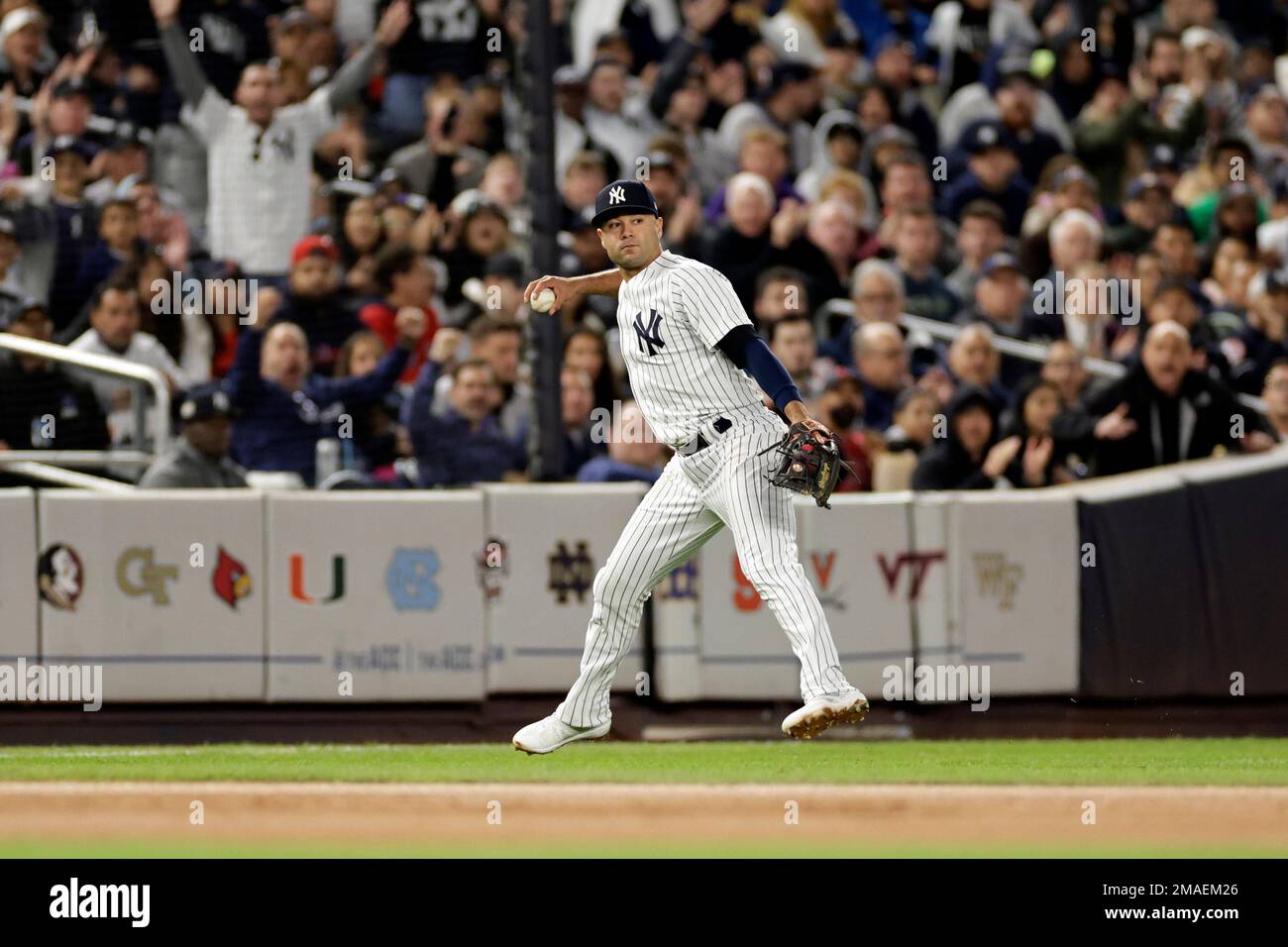 New York Yankees shortstop Isiah Kiner-Falefa (12) throws during the fifth inning of a baseball ...