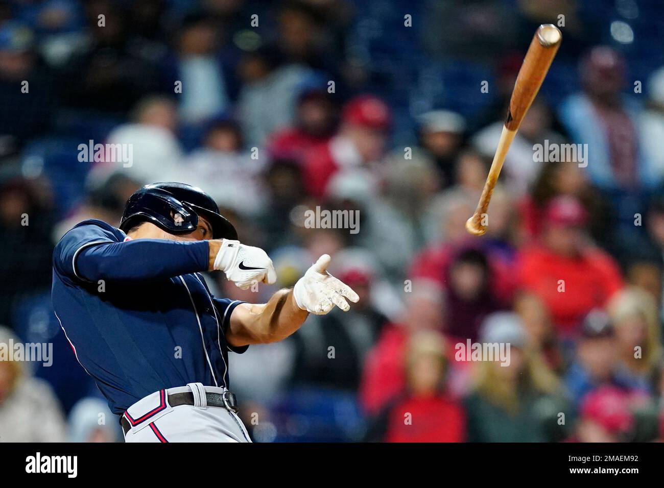 Atlanta Braves' Matt Olson loses his bat on a swing against ...