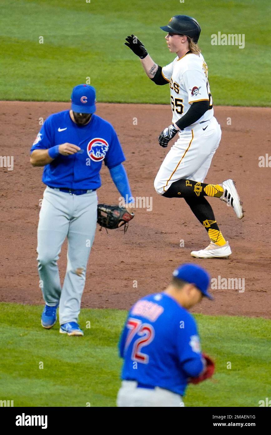 Pittsburgh Pirates' Jack Suwinski (65) runs the bases after hitting a ...