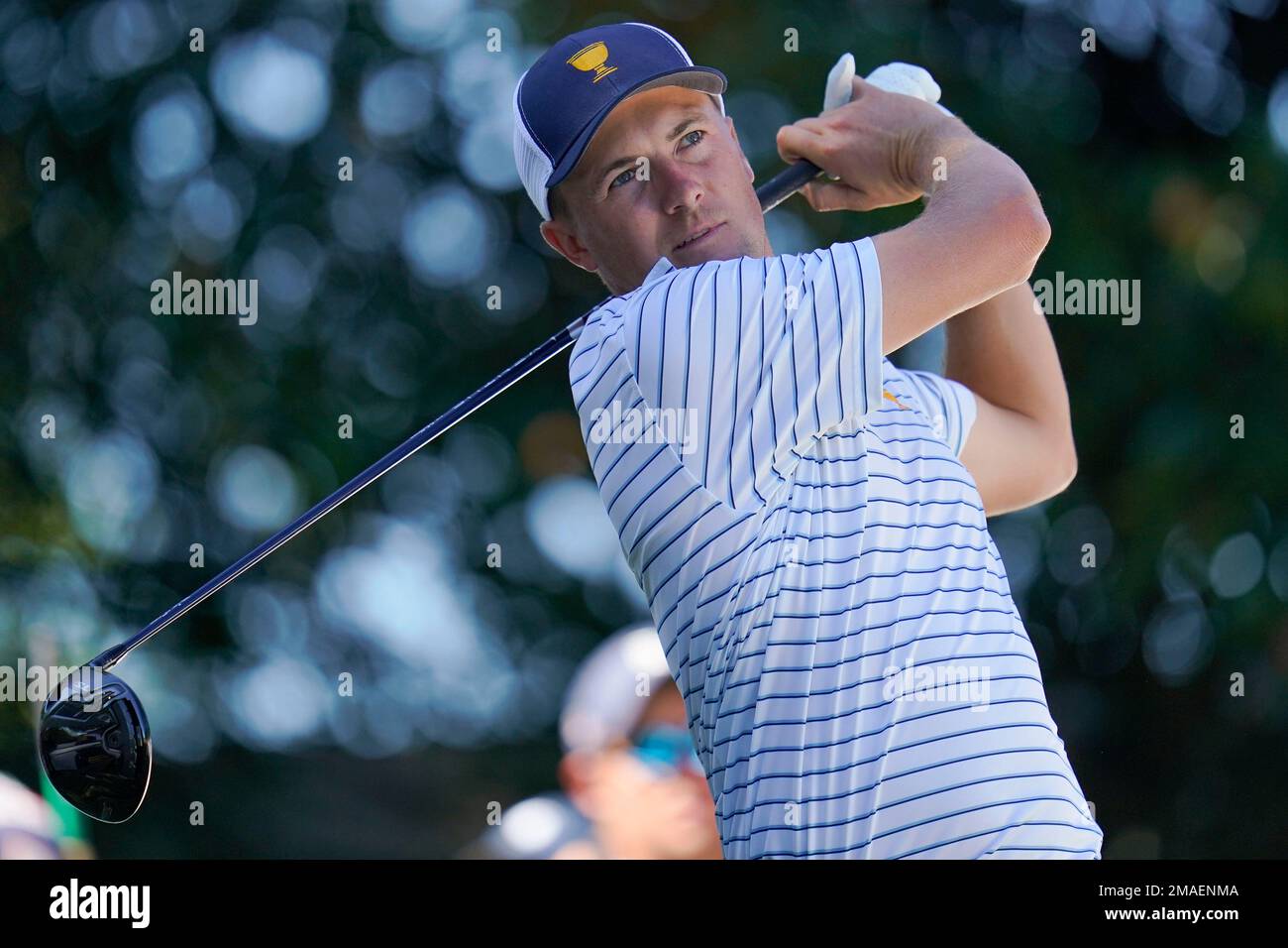 Jordan Spieth hits from the 13th tee during their fourball match at the Presidents Cup golf ...