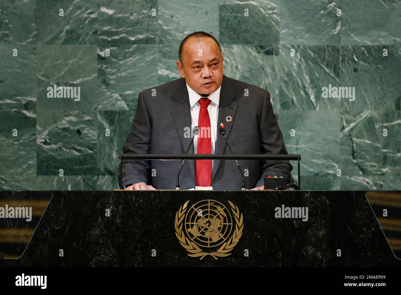 Prime Minister of Tonga Siaosi Sovaleni addresses the 77th session of ...