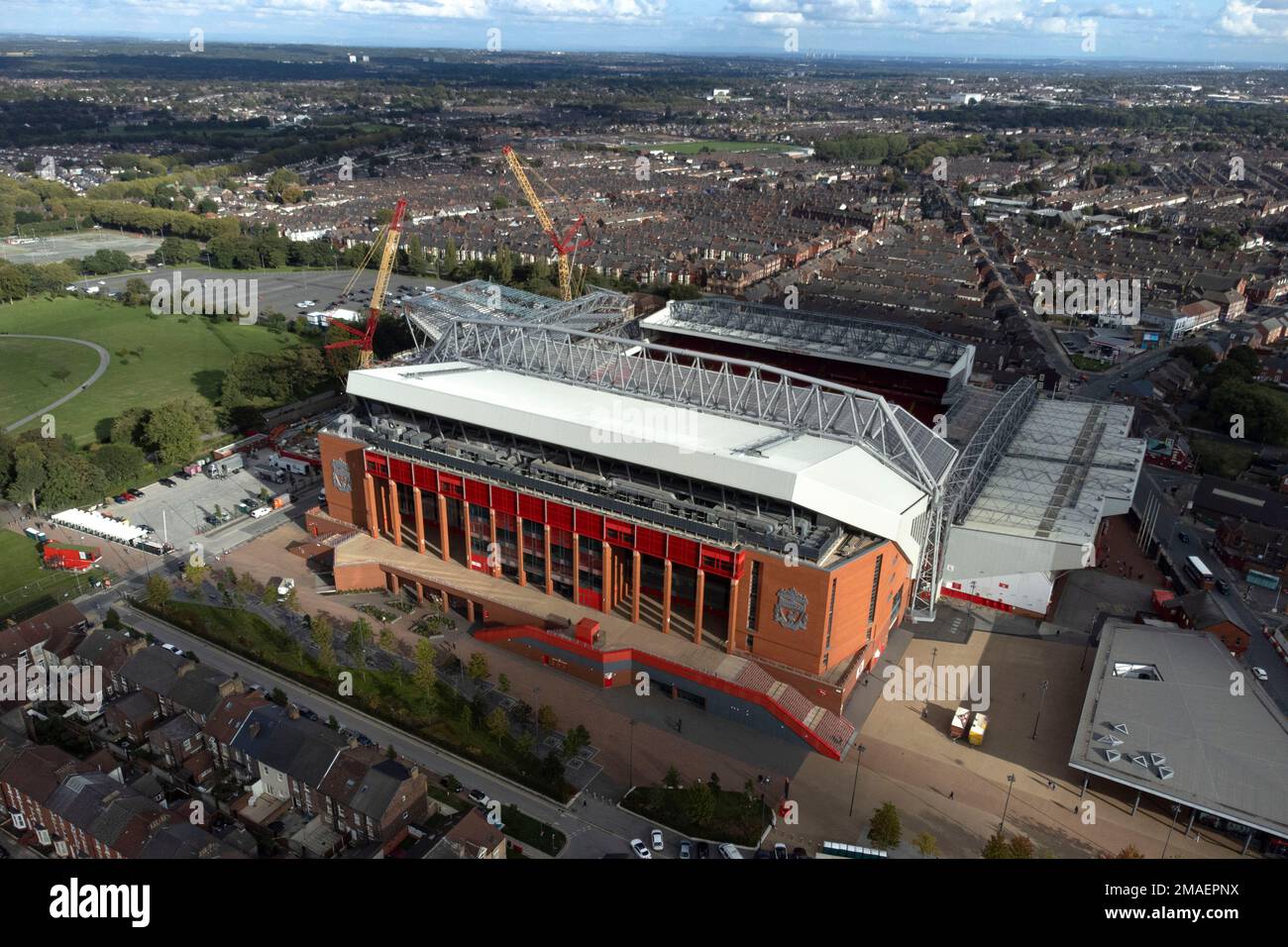 A picture taken by a drone shows Liverpool's Anfield Stadium with on ...