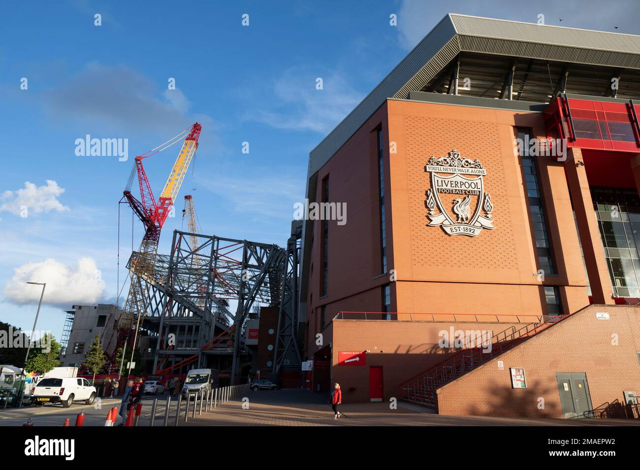A general view shows Liverpool's Anfield Stadium with on the left work ...