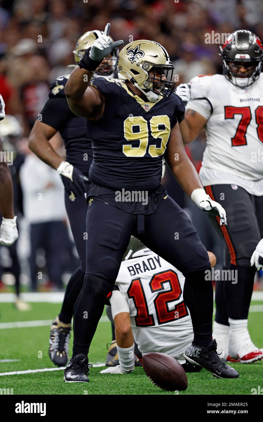 New Orleans Saints defensive tackle Shy Tuttle (99) reacts after a play ...