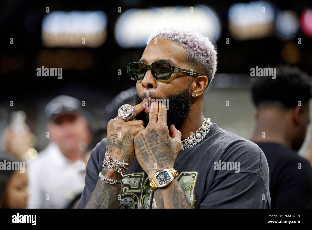 Odell Beckham Jr. is seen on the sidelines before an NFL football game ...