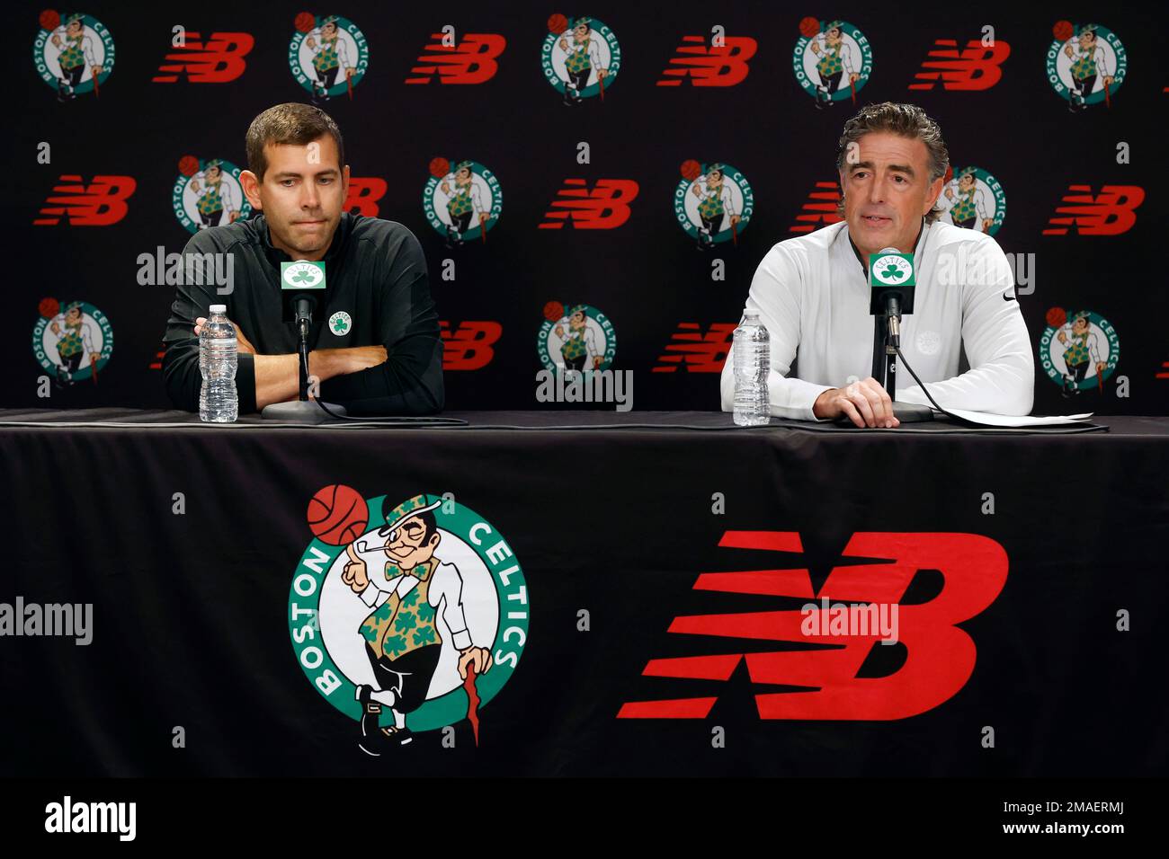 Boston Celtics owner Wyc Grousbeck, right, speaks beside president of ...