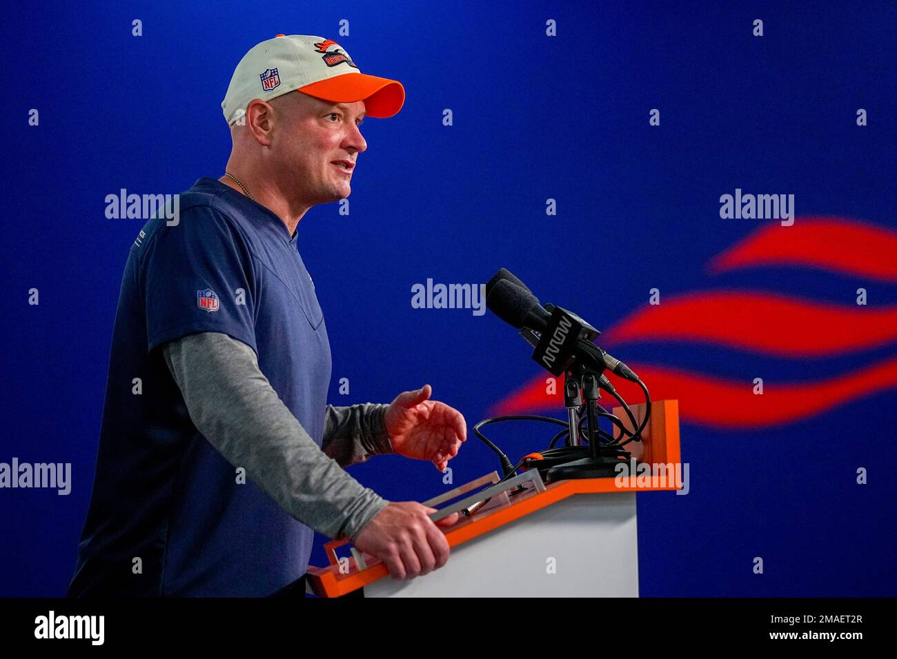 Denver Broncos head coach Nathaniel Hackett talks during a news ...
