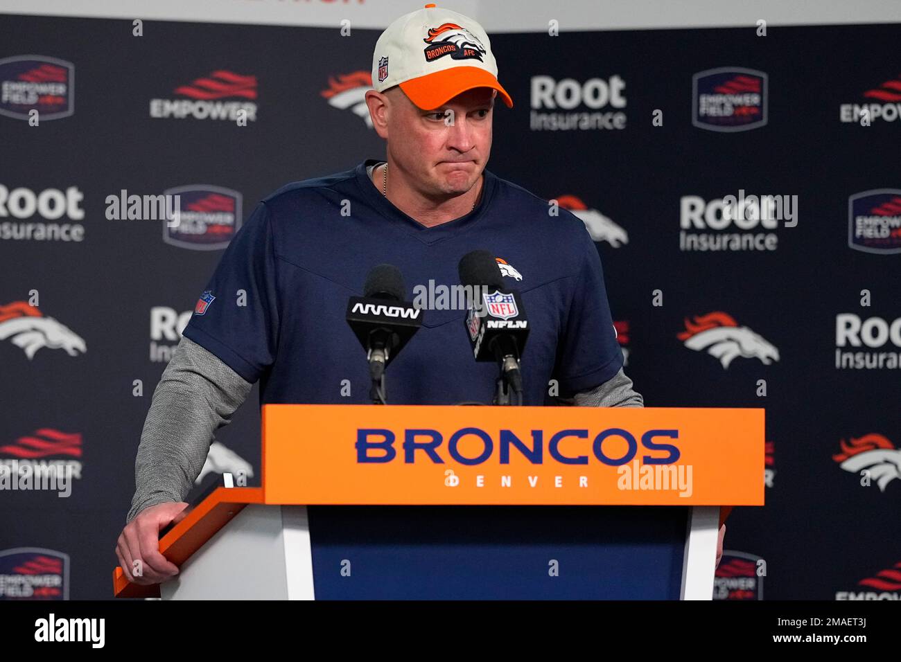 Denver Broncos head coach Nathaniel Hackett talks during a news ...