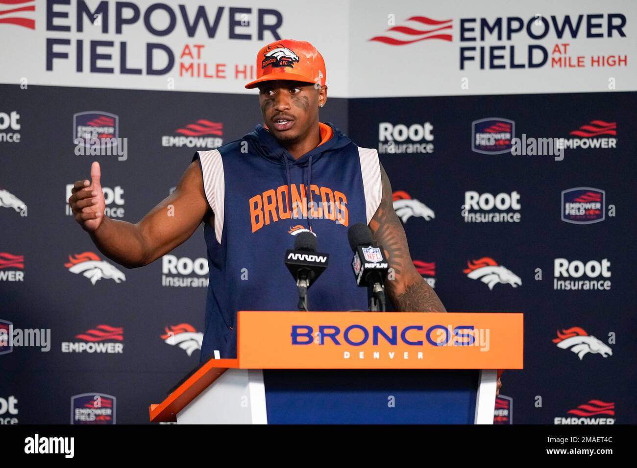 Denver Broncos wide receiver Courtland Sutton (14) talks during a news ...