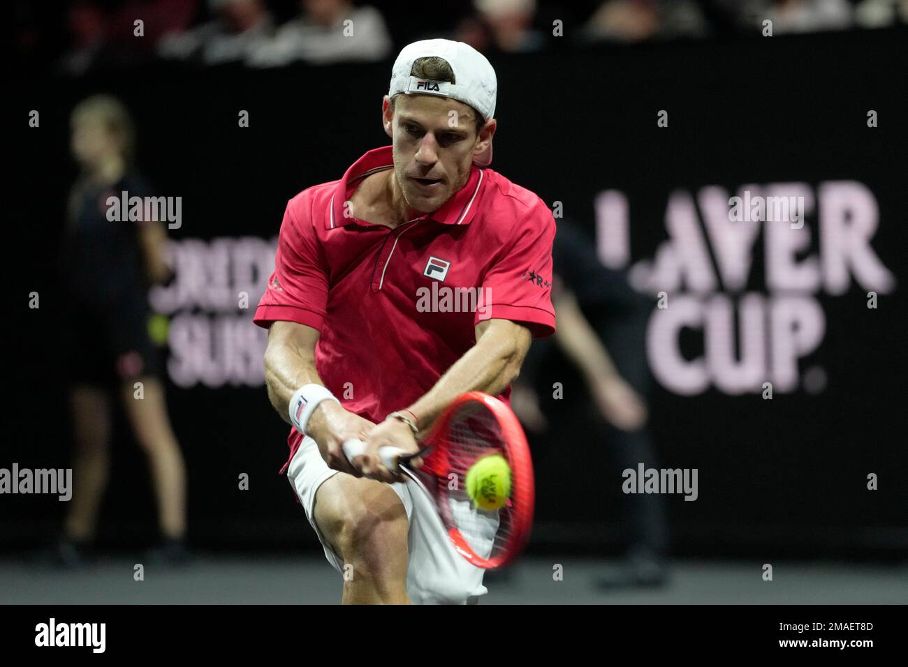 Team World's Diego Schwartzman returns a ball to Team Europe's Stefanos Tsitsipas during a match ...