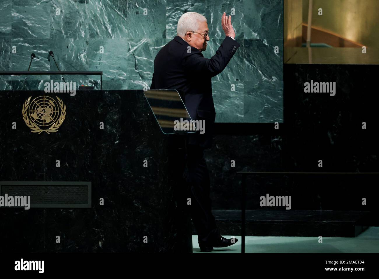 Palestinian President Mahmoud Abbas departs after addressing the 77th ...