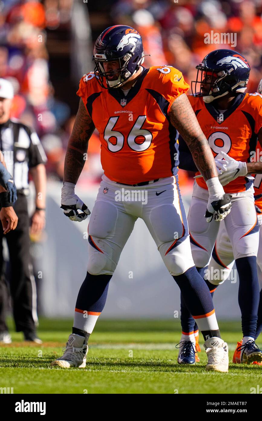 Denver Broncos guard Dalton Risner (66) lines up against the Houston ...